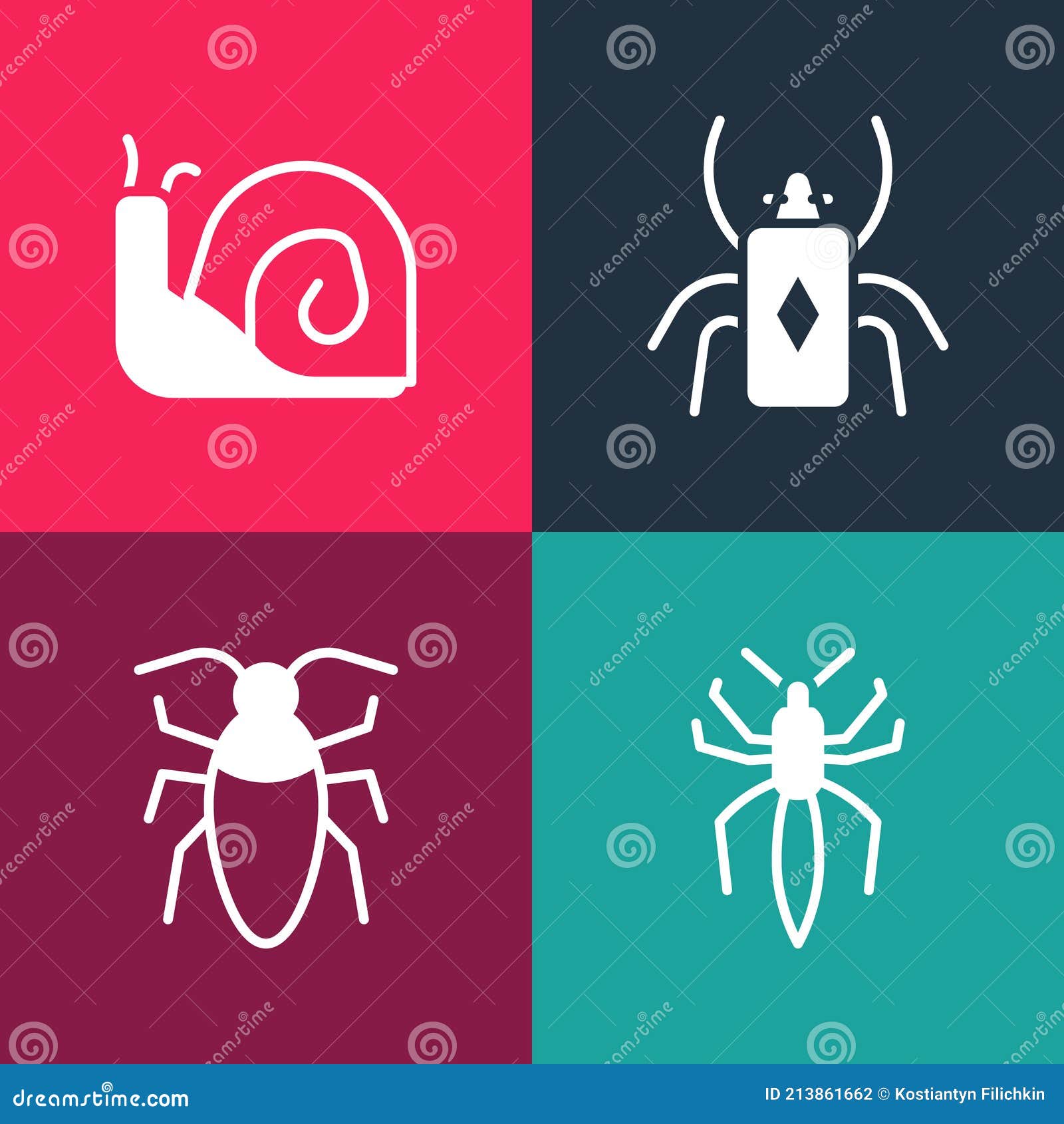 Set Pop Art Spider, Cockroach, Beetle Bug and Snail Icon. Vector Stock ...