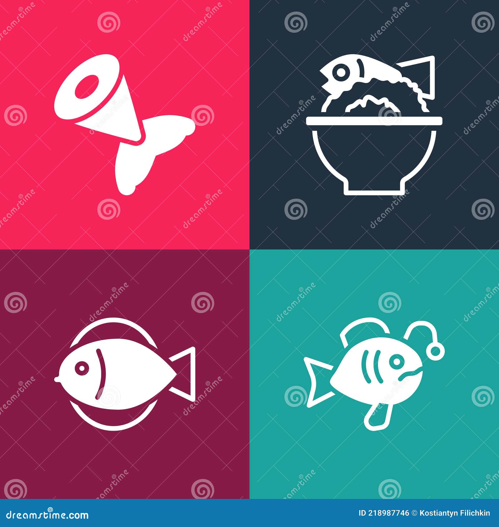 Set Pop Art Tropical Fish, Fish, Served on Bowl and Tail Icon. Vector ...