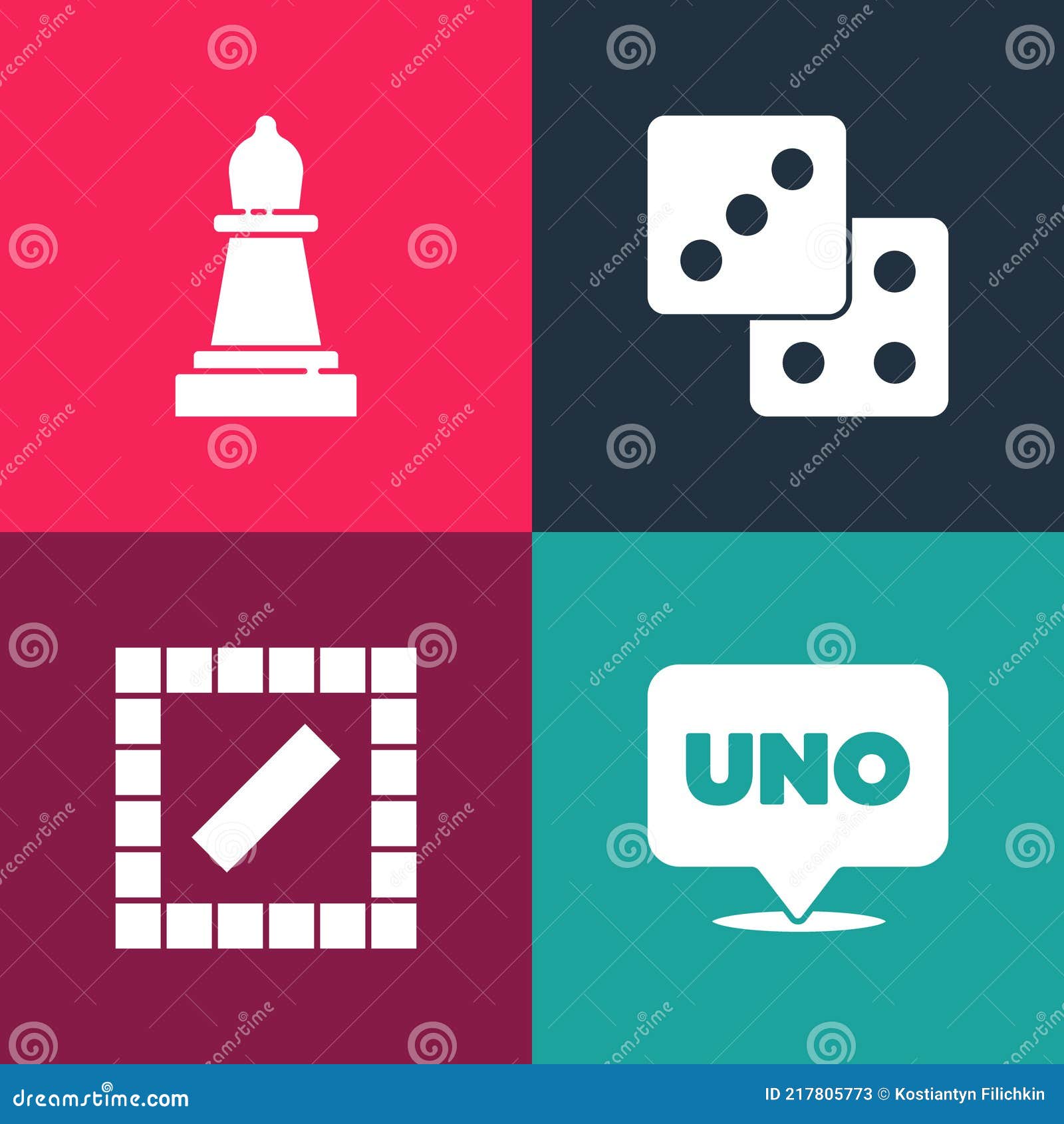 Set Pop Art Uno Card Game, Board, Game Dice and Chess Icon. Vector ...