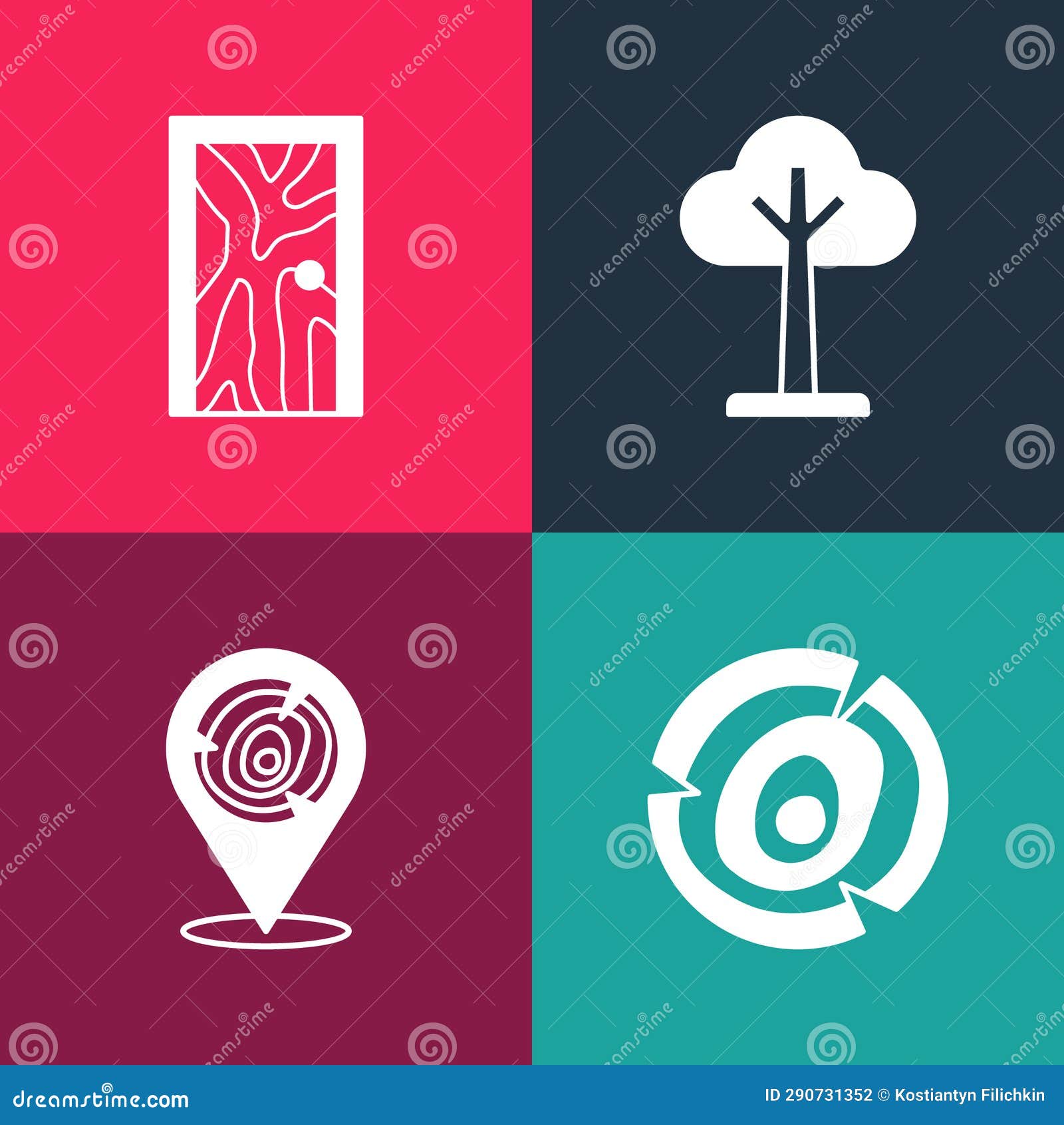 Set Pop Art Wooden Logs, Tree and Closed Door Icon. Vector Stock ...