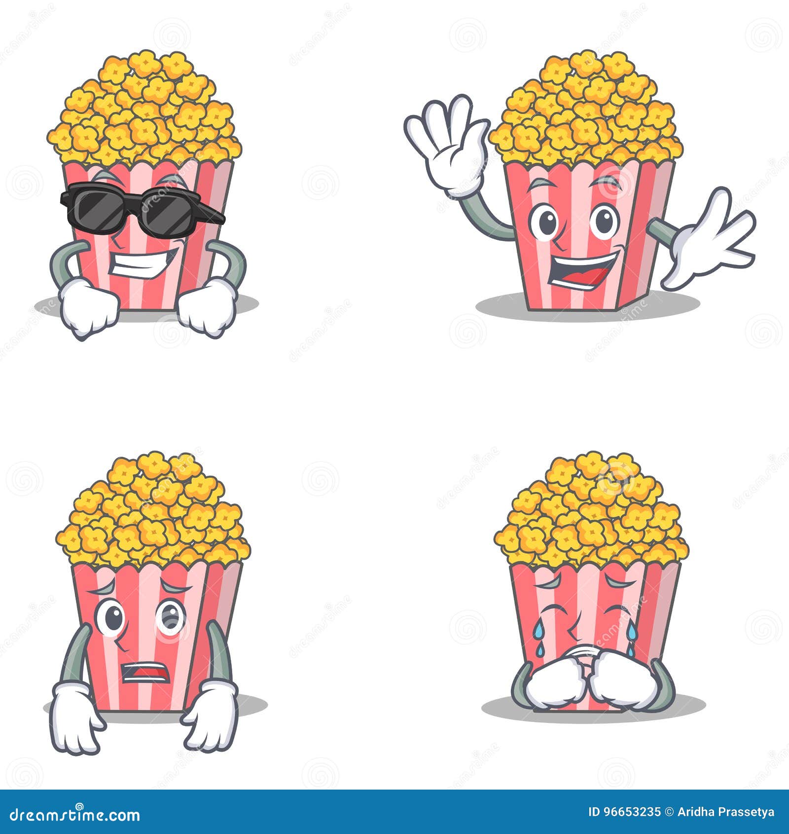 Set of Popcorn Character with Cool Waving Afraid Crying Stock Vector ...