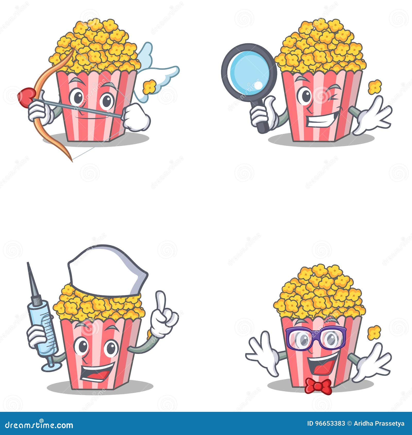 Set of Popcorn Character with Cupid Detective Nurse Geek Stock Vector ...