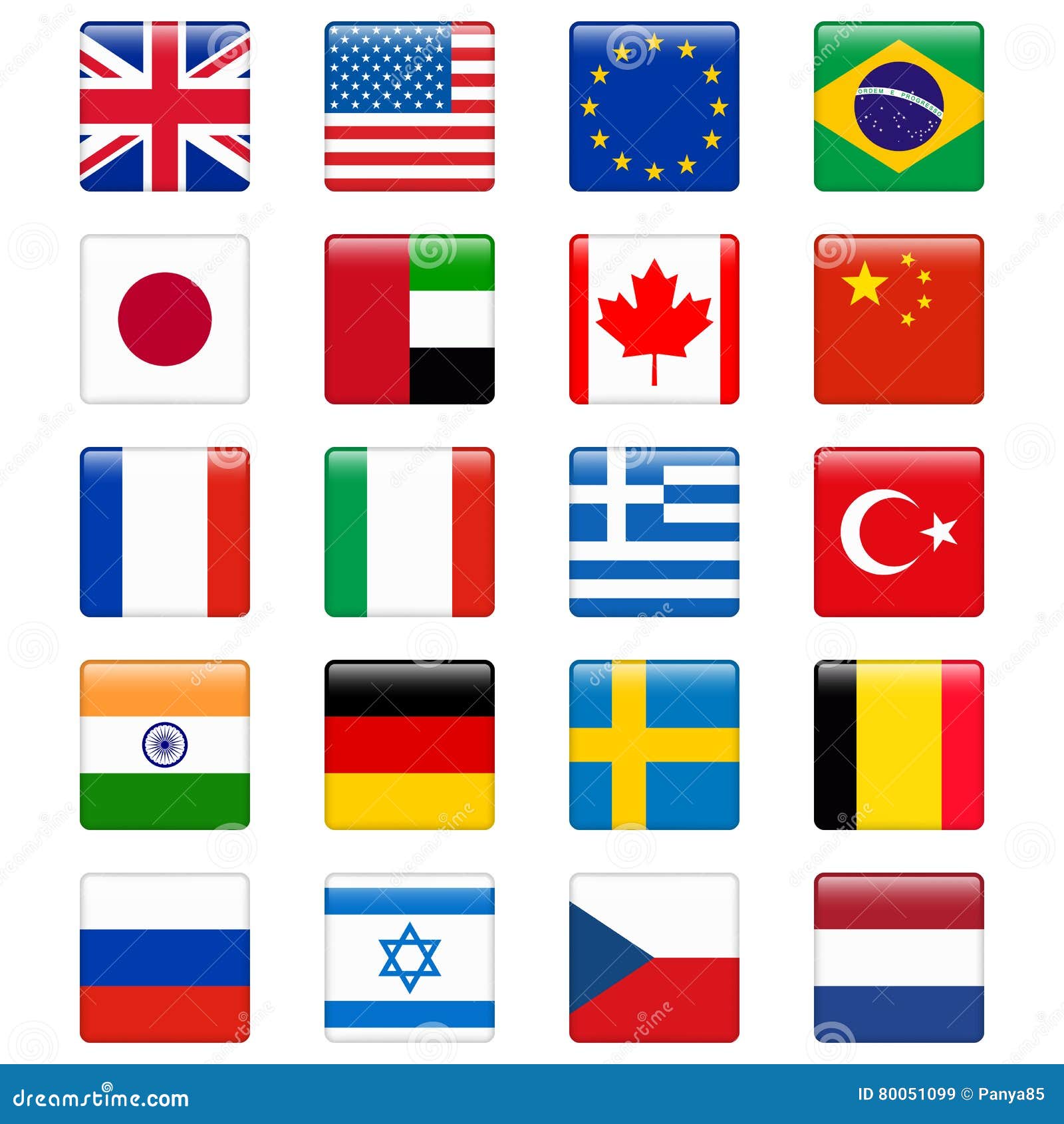 Set of Popular Country Flags. Glossy Square Vector Icon Set Stock ...