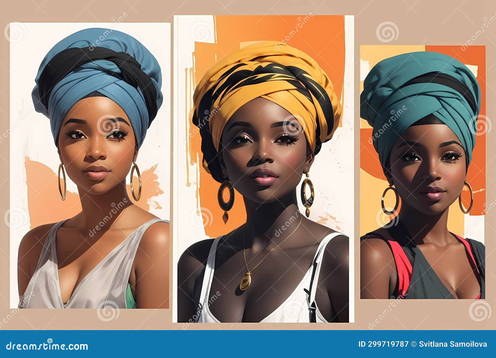 Set Of Portraits Of Beautiful African Women In Turbans Generative Ai
