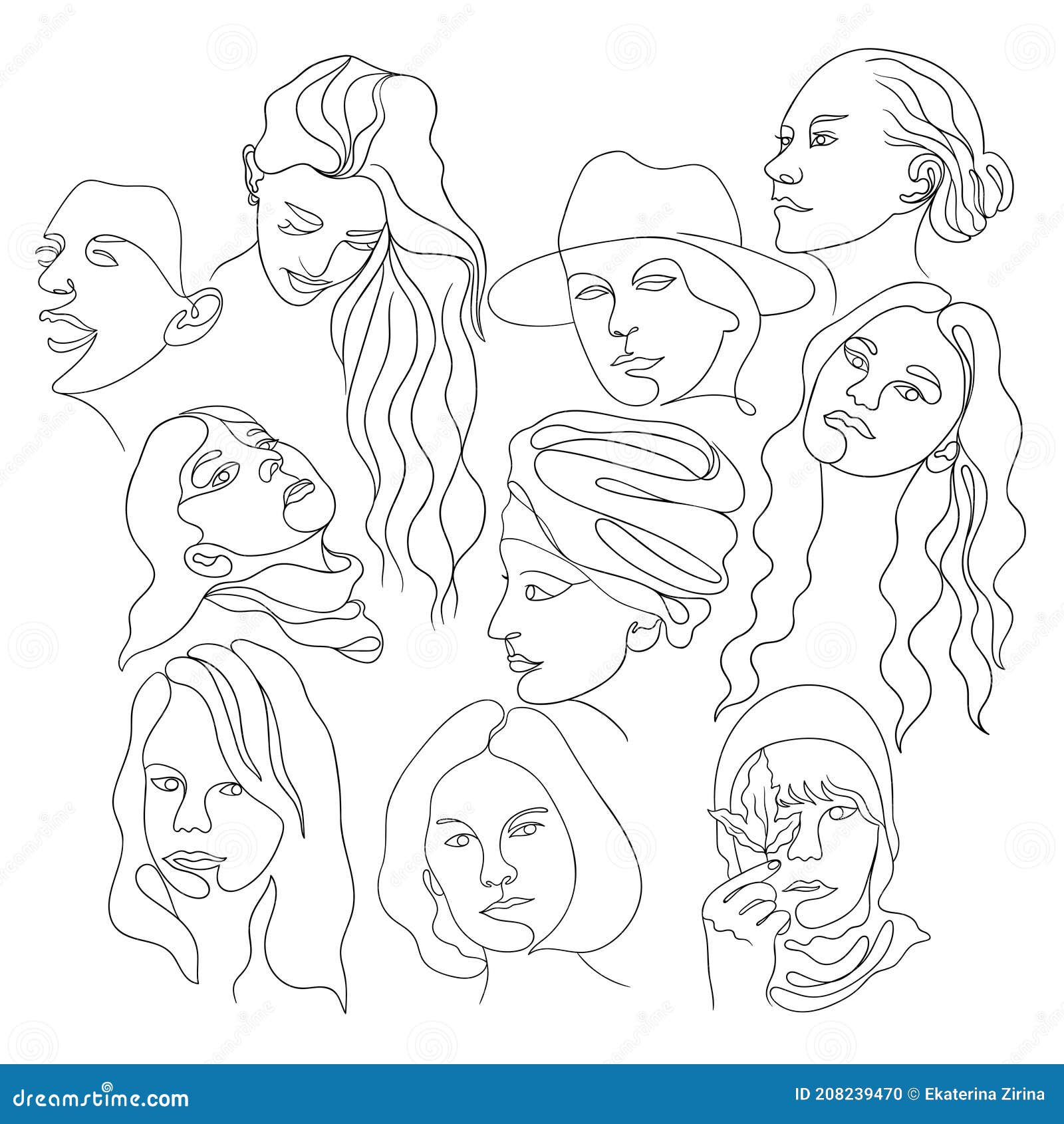 Set of Portraits in Line Art Style Isolated on White Background. Vector ...