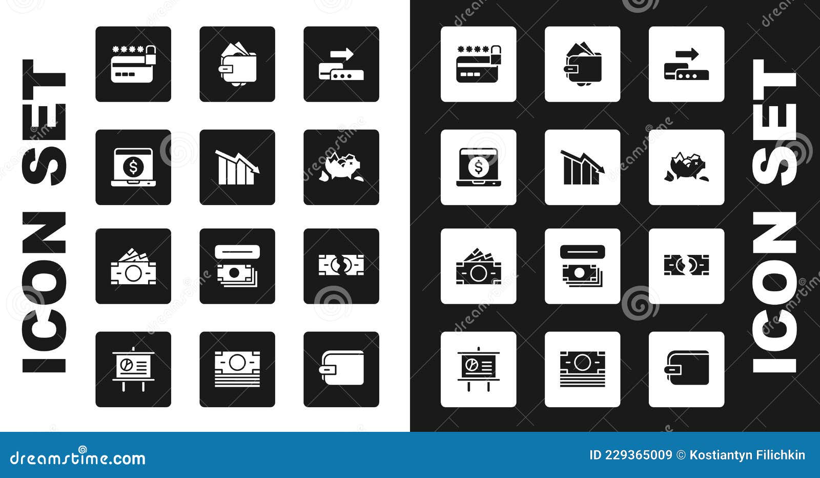 Set Pos Terminal, Financial Growth Decrease, Laptop with Dollar, Credit Card Lock, Broken Piggy ...