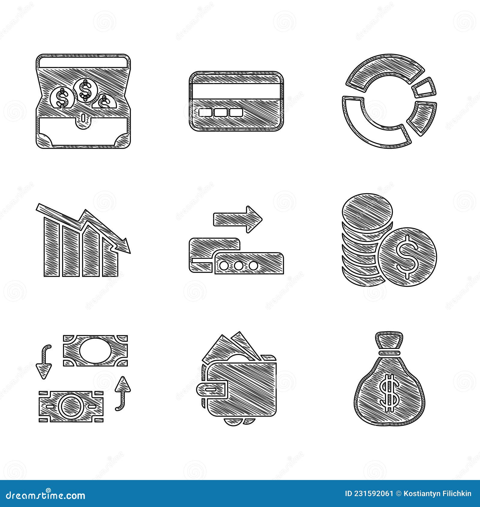 Set Pos Terminal, Wallet with Money, Money Bag, Coin Dollar, Exchange, Financial Growth Decrease ...