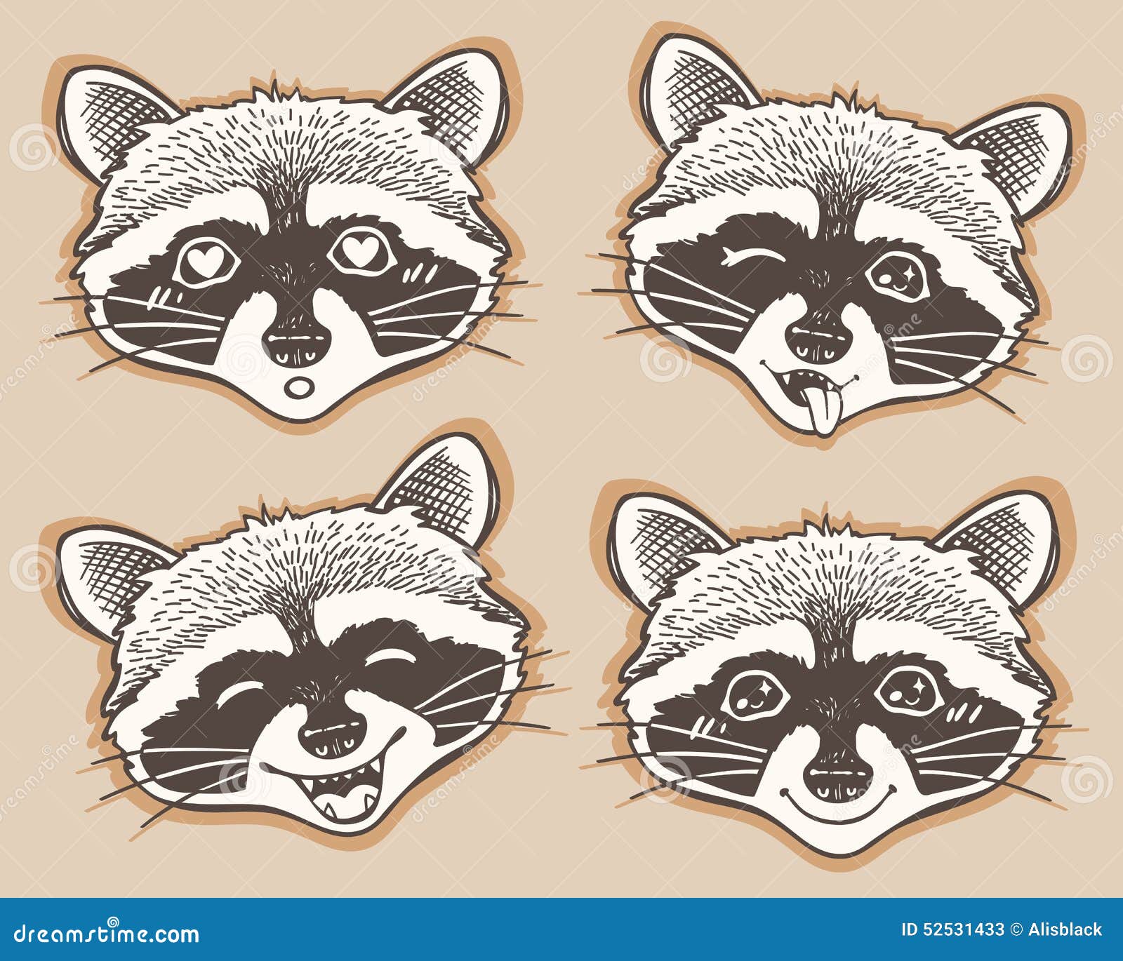 Set of Positive Emotions Cartoon Raccoon Stock Vector - Illustration of ...
