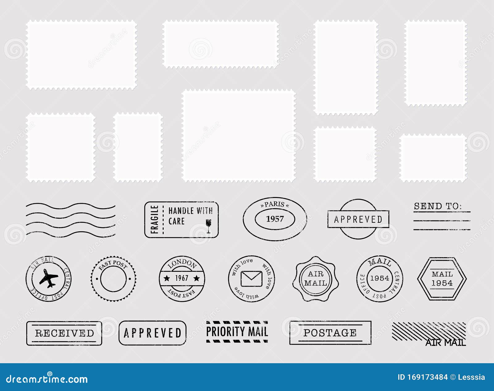 Set of Postage Stamps Collection and Post Marks. Vector Illustration ...