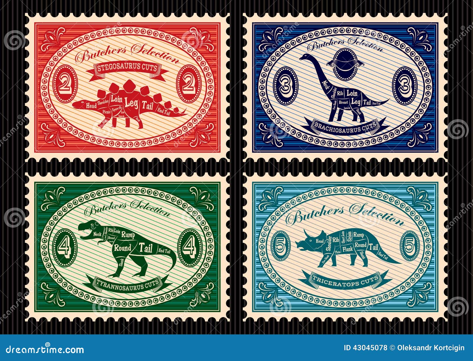 Set of Postage Stamps Dinosaurs and Their Cutting Scheme Stock Vector ...