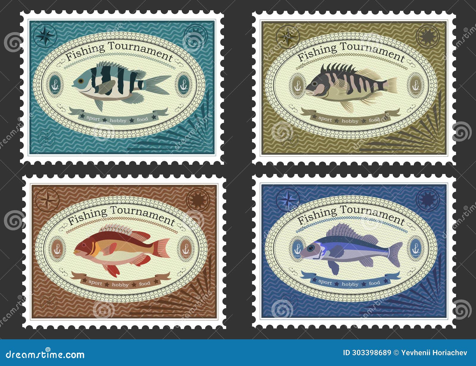 Set of Postage Stamps with Fish. Stock Vector - Illustration of fishing ...