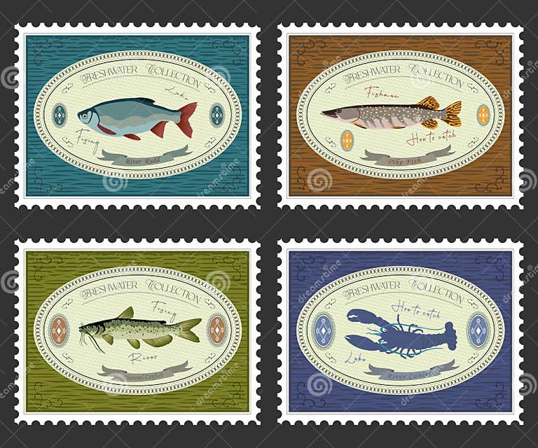 Set of Postage Stamps with River Fish. Stock Vector - Illustration of ...