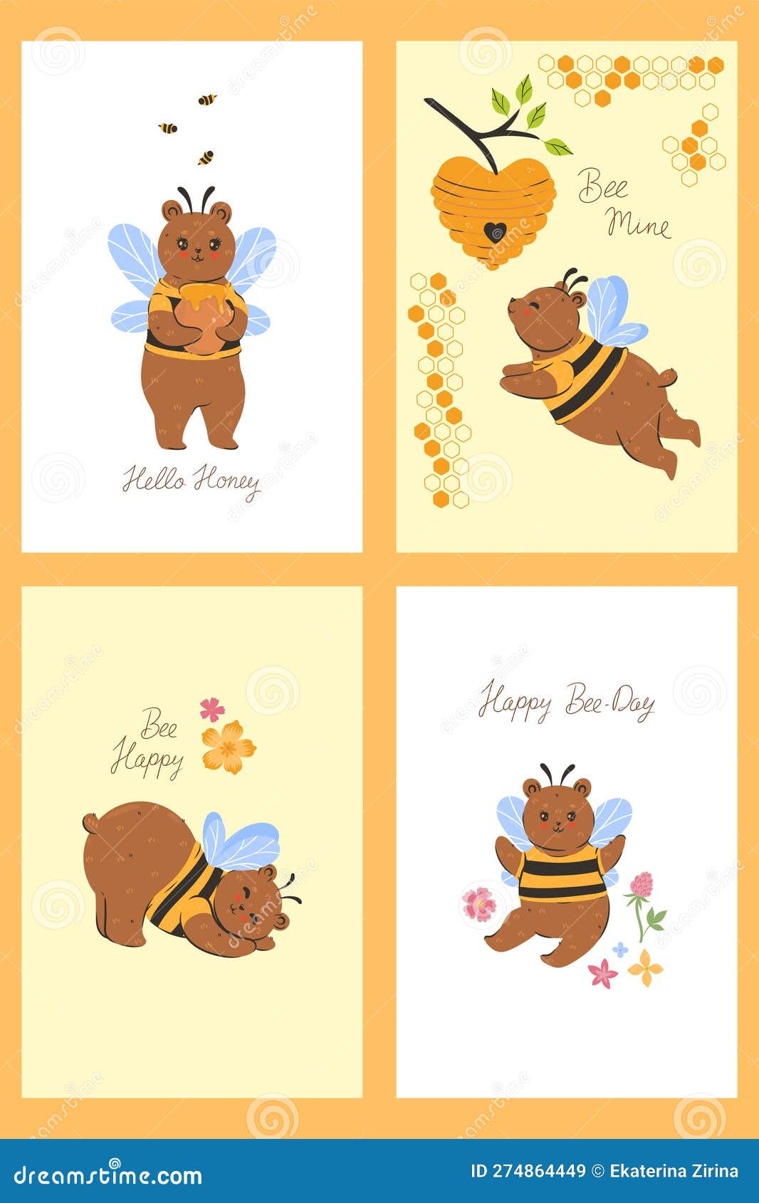 A Set of Postcards with Cute Bee Bears. Vector Graphics Stock Vector ...