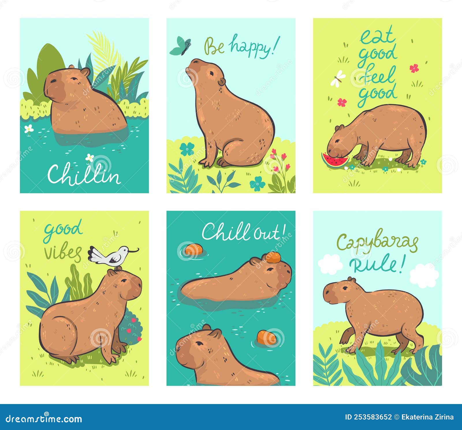 Set of Postcards with Cute Capybaras. Vector Graphics Stock Vector ...