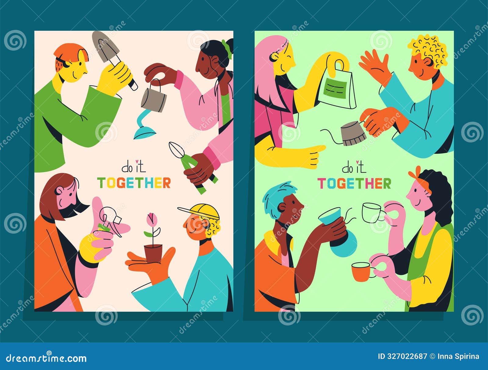 Set of Posters with Multicultural Team of Young People Flat Vector ...