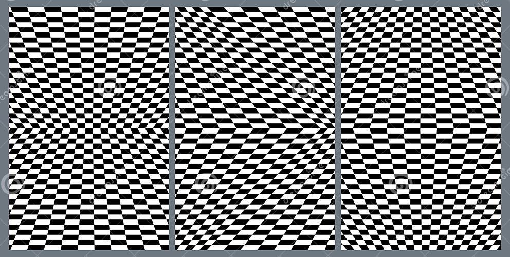 Set of Posters with Psychedelic Checkerboard Patterns. Abstract Black ...