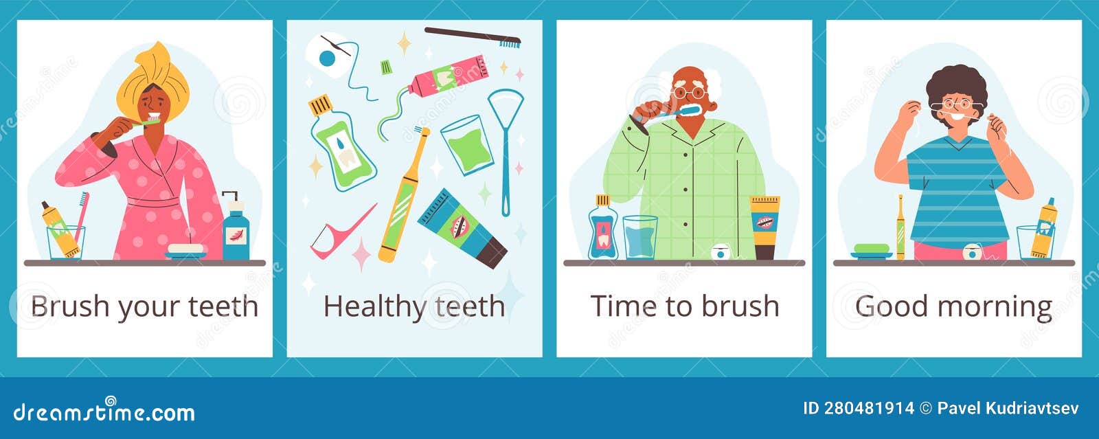 Set of Posters or Vertical Banners about People Brushing Teeth Flat ...