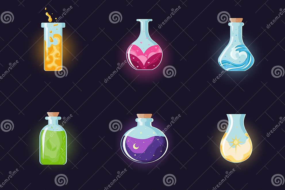 Set of Potion Bottles with Magic Elixir Stock Vector - Illustration of ...