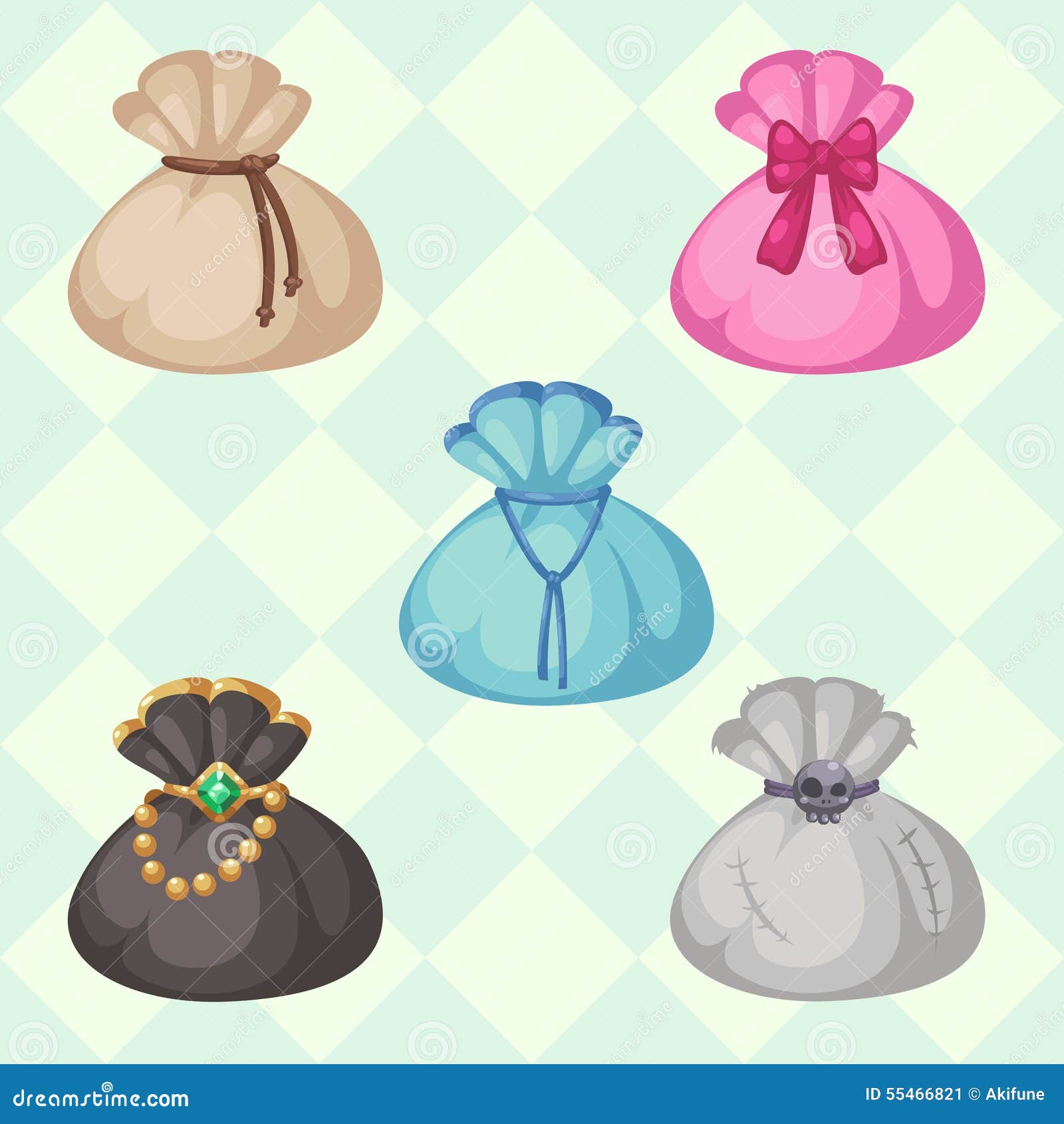 Set of Pouches Vector Illustrations in Adorable Cartoon Style. Icon ...