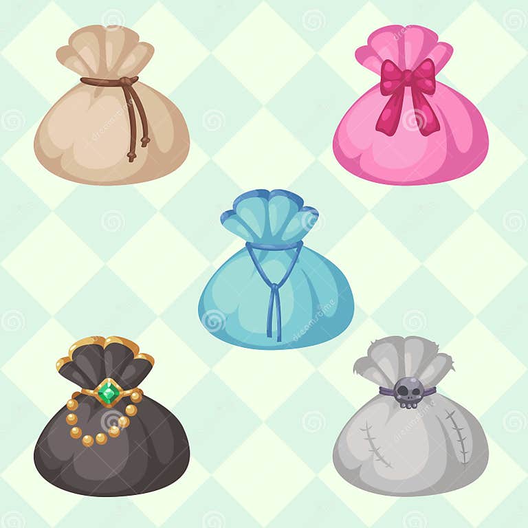 Set of Pouches Vector Illustrations in Adorable Cartoon Style. Icon ...