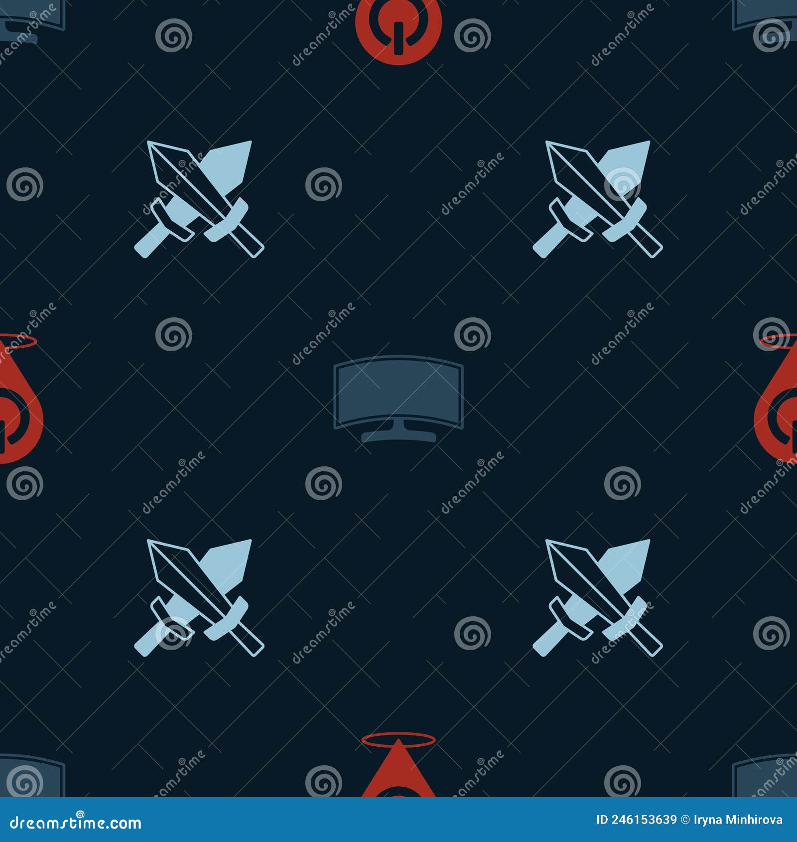 Set Power Button, Computer Monitor and Sword for Game on Seamless Pattern. Vector Stock ...