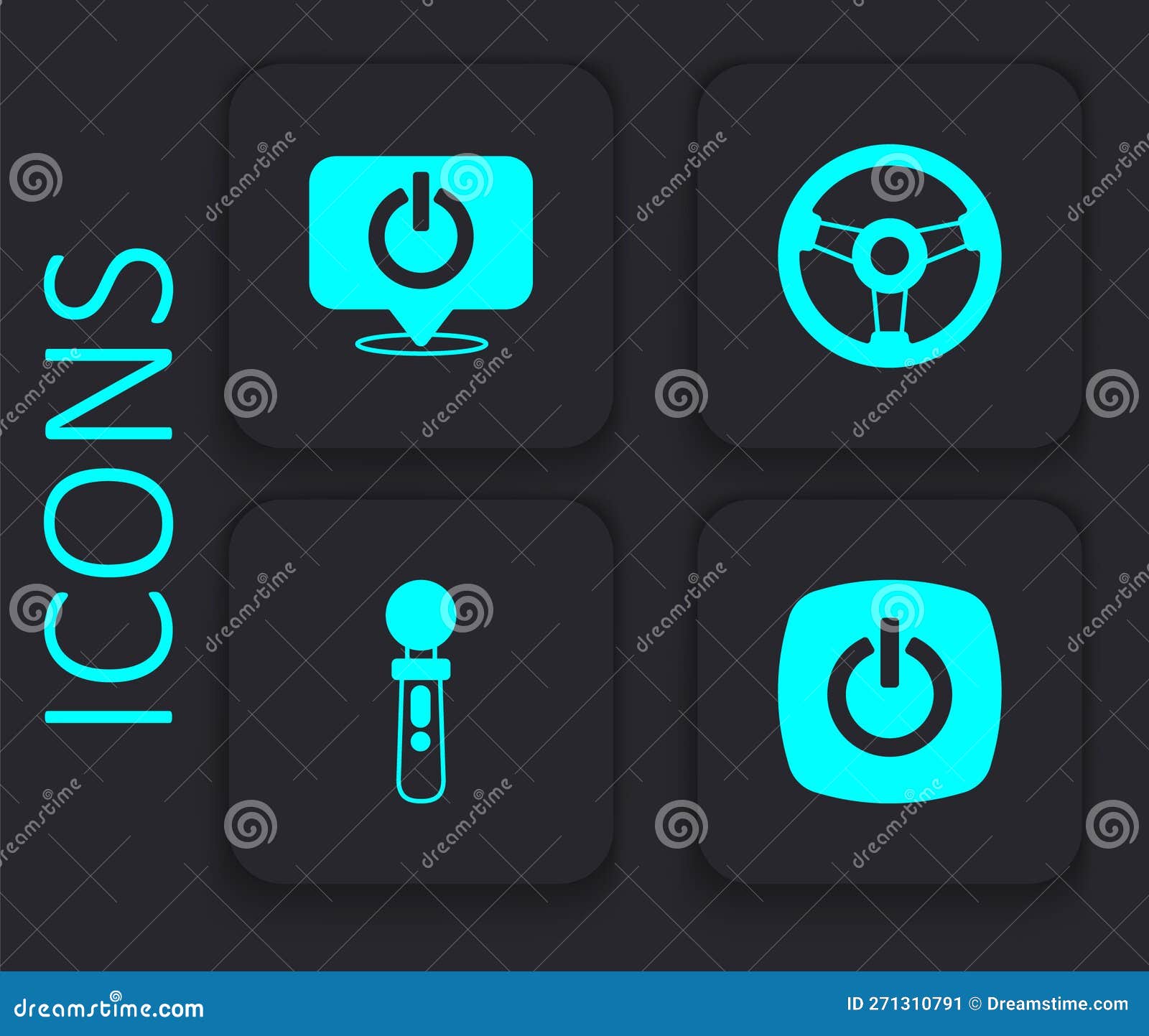 Set Power Button, Racing Simulator and VR Controller Game Icon. Black ...