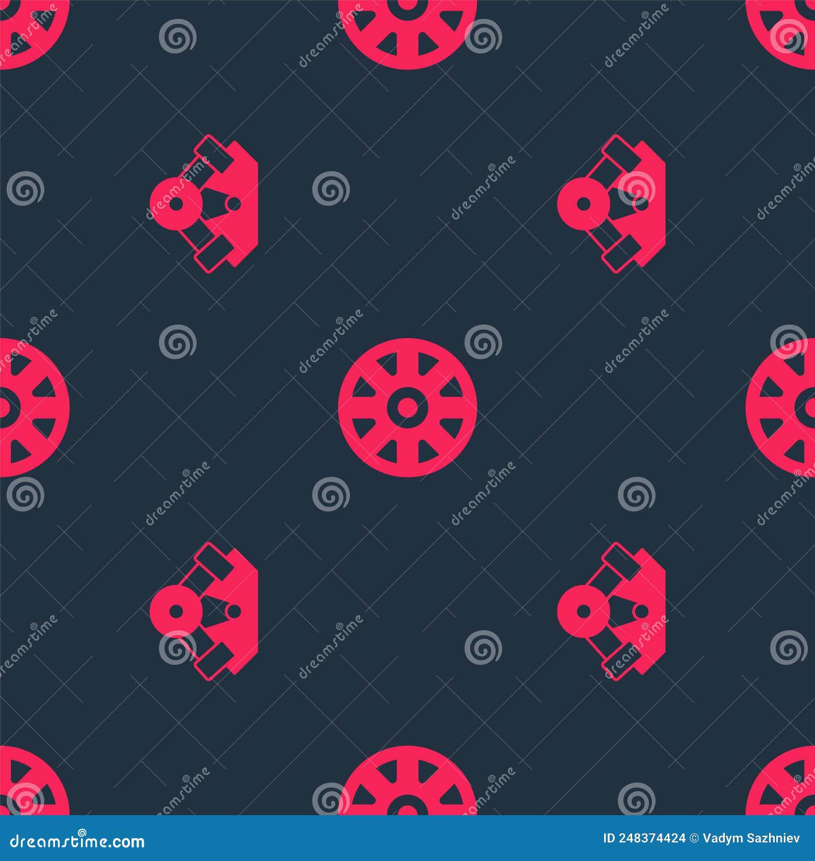 Set Power Car Engine and Alloy Wheel for on Seamless Pattern. Vector ...