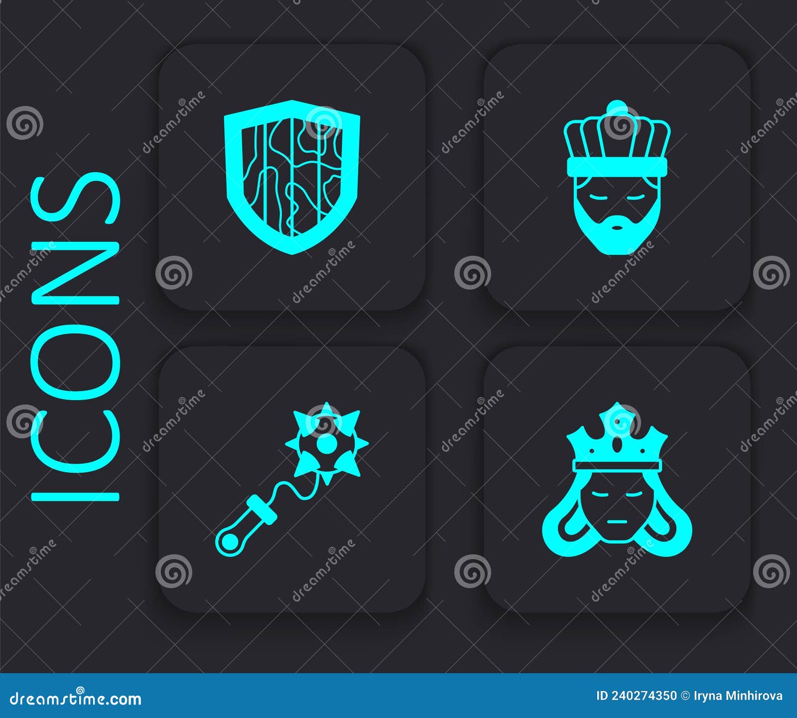 Set Princess or Queen, Shield, King with Crown and Mace Spikes Icon ...