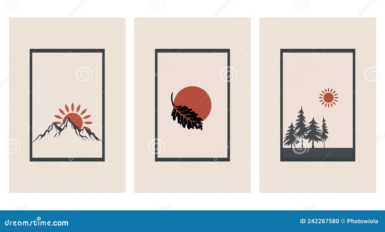 Set of 3 Printable Illustrations, Minimalist Pattern, Mountains, Leaves ...