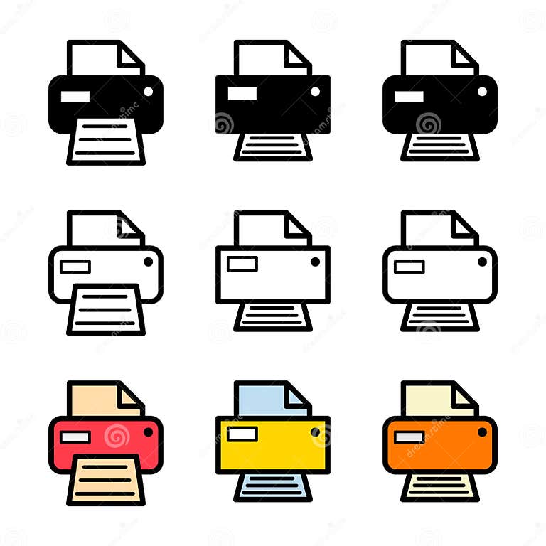 Set of Printer Document Web Icon, Printout Machine Technology Flat Sign ...