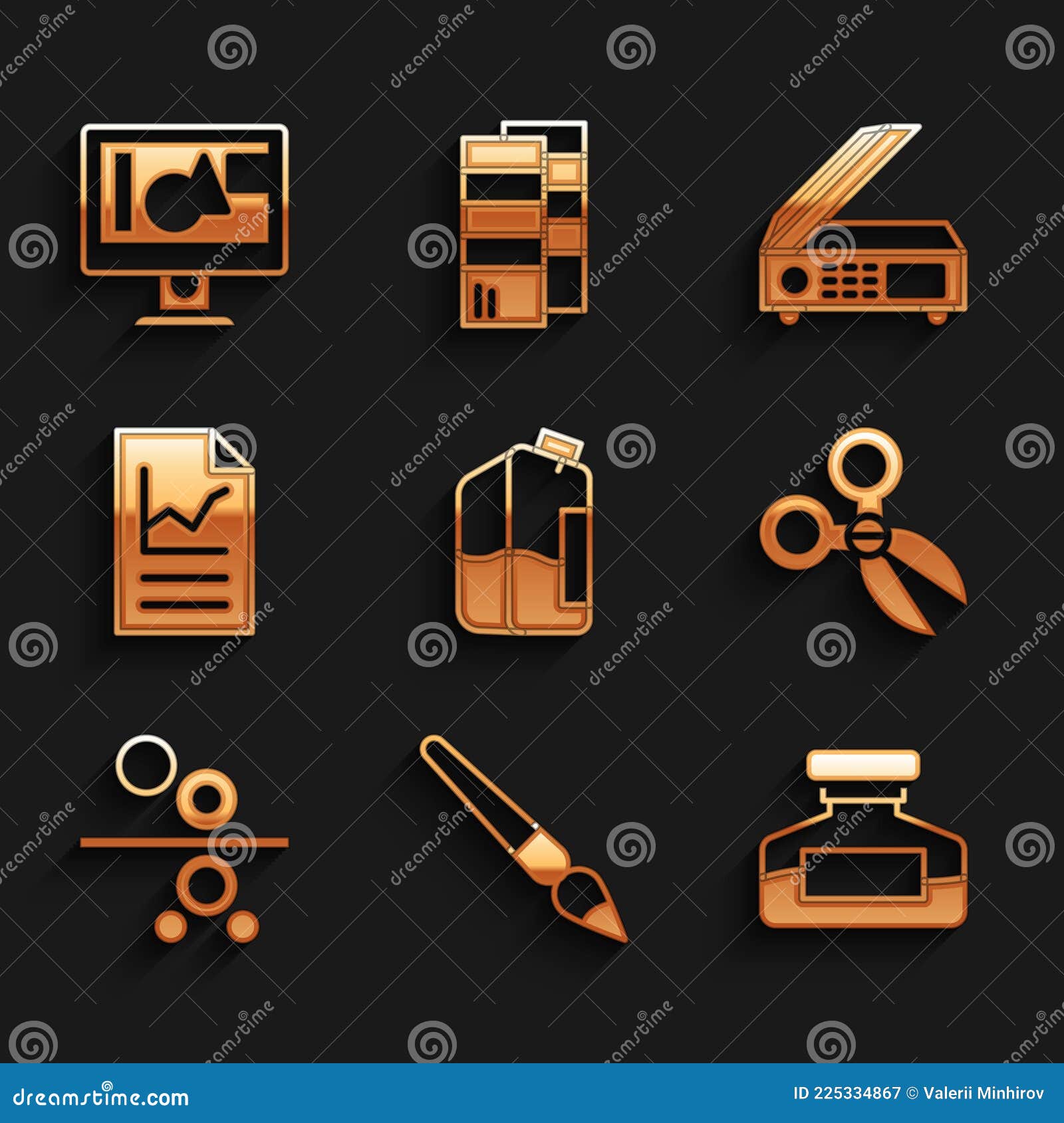 Set Printer Ink Bottle, Paint Brush, Ink, Scissors, Paper Roll of ...