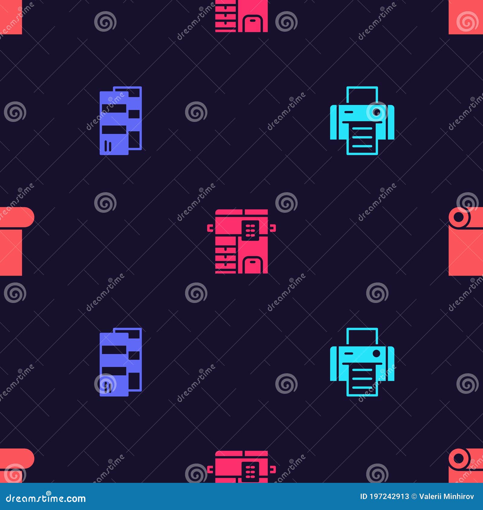 Set Printer, Pantone, Copy Machine and Roll of Paper on Seamless ...