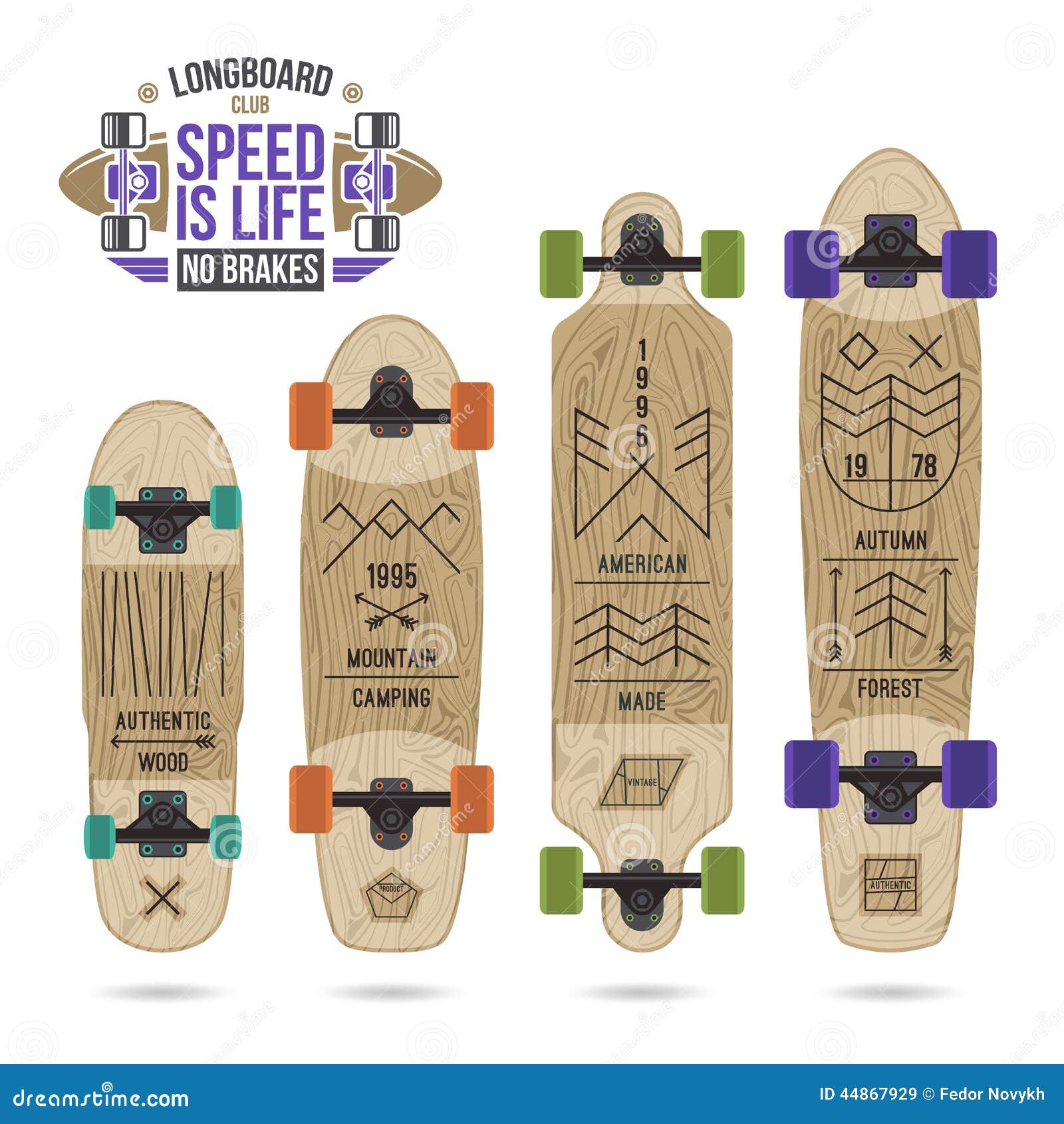 Set of prints on longboard stock vector. Illustration of drawing - 44867929