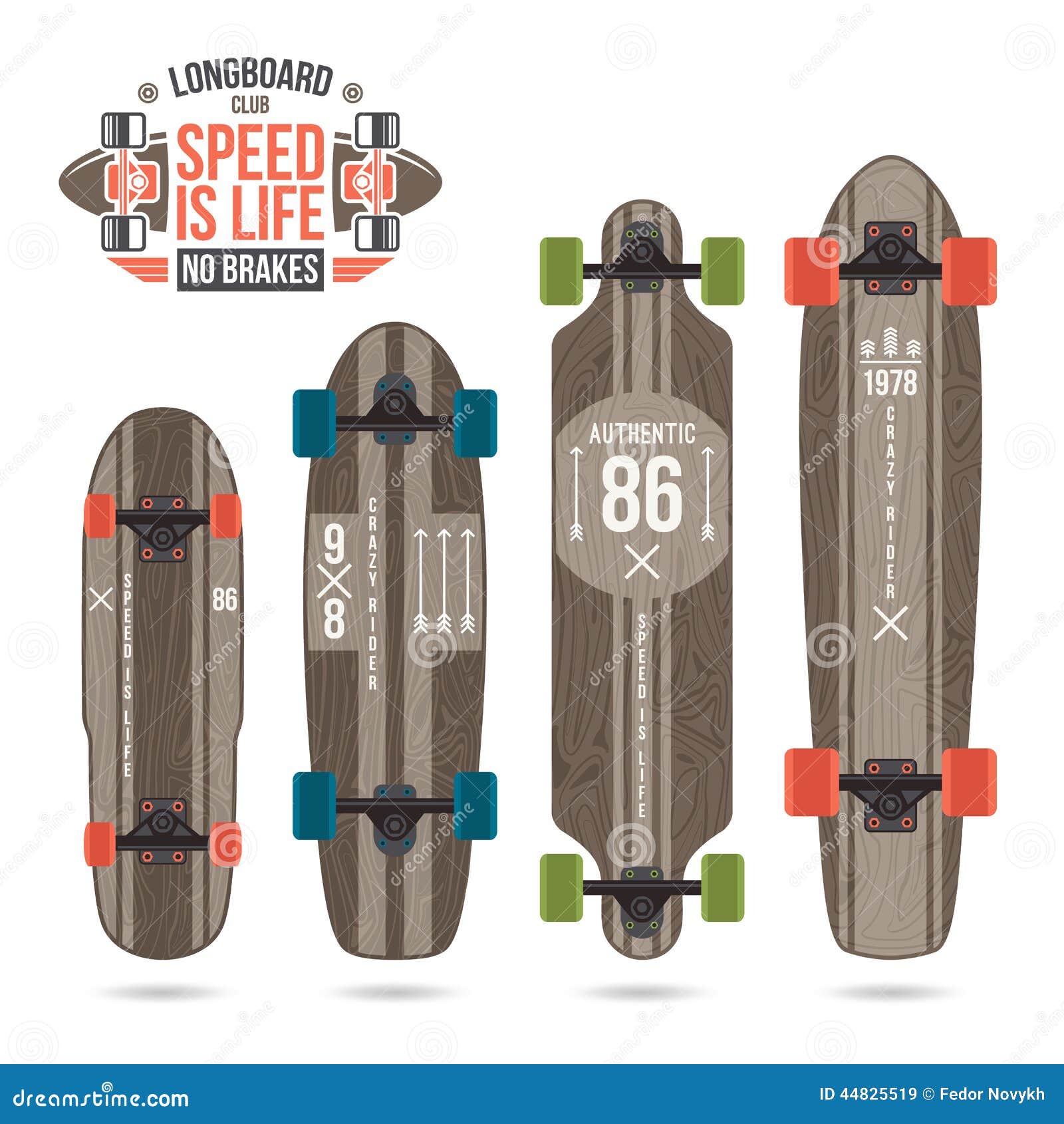 Set of prints on longboard stock vector. Illustration of retro - 44825519