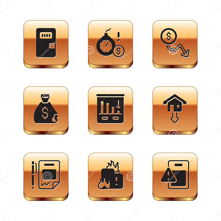 Set Prison Cell Door, Contract Money and Pen, Fire in Burning House, Pie Chart Infographic ...