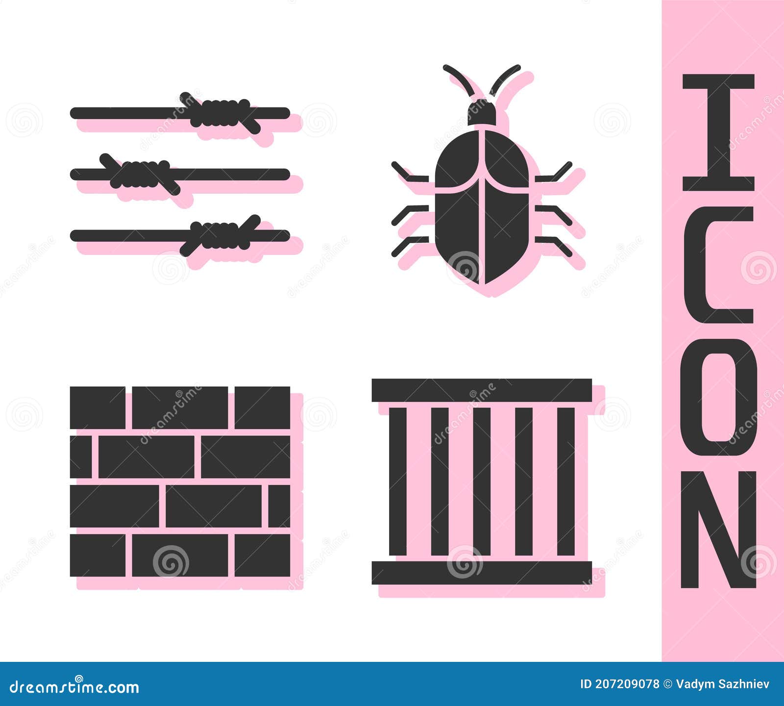 Set Prison Window, Barbed Wire, Bricks and System Bug Concept Icon ... Set Prison Window, Barbed Wire, Bricks and System Bug Concept Icon ...