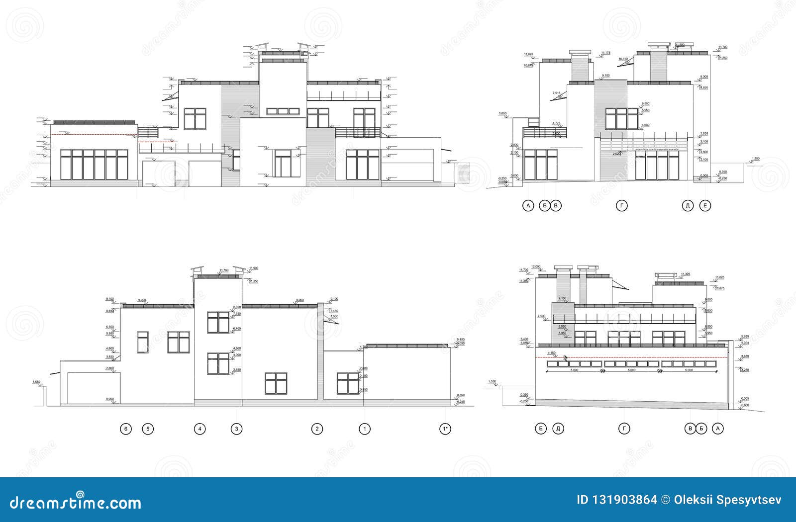 Set of Private House Facades, Detailed Architectural Technical Drawing ...