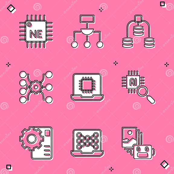 Set Processor Cpu Algorithm Server Data Neural Network And Icon Vector Stock Vector