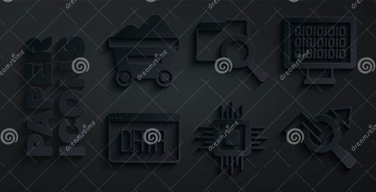 Set Processor CPU, Binary Code, Data Analysis, Search Data, with Folder and Coal Mine Trolley ...