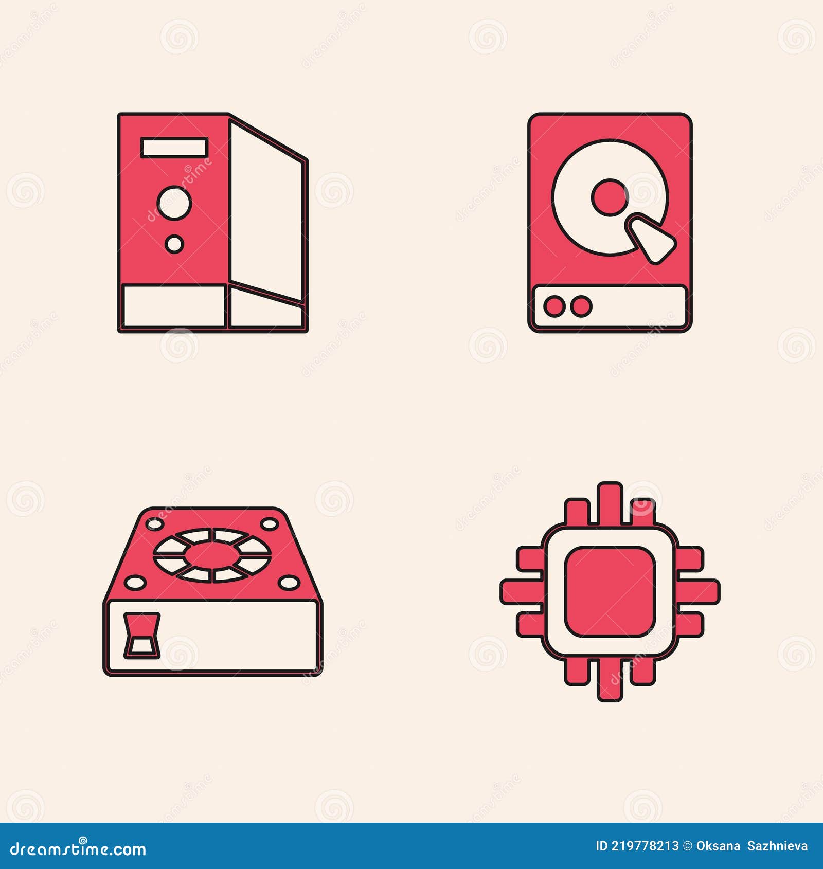 Set Processor With Cpu Case Of Computer Hard Disk Drive Hdd And Computer Cooler Icon Vector
