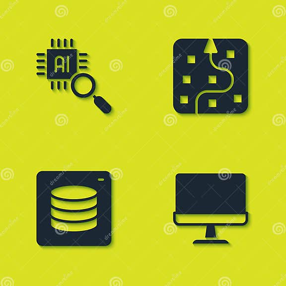Set Processor Cpu Computer Monitor Server Data And Neural Network Icon Vector Stock