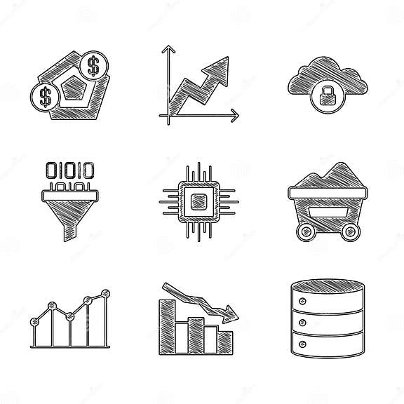 Set Processor CPU, Financial Growth Decrease, Server, Coal Mine Trolley, Pie Chart Infographic ...