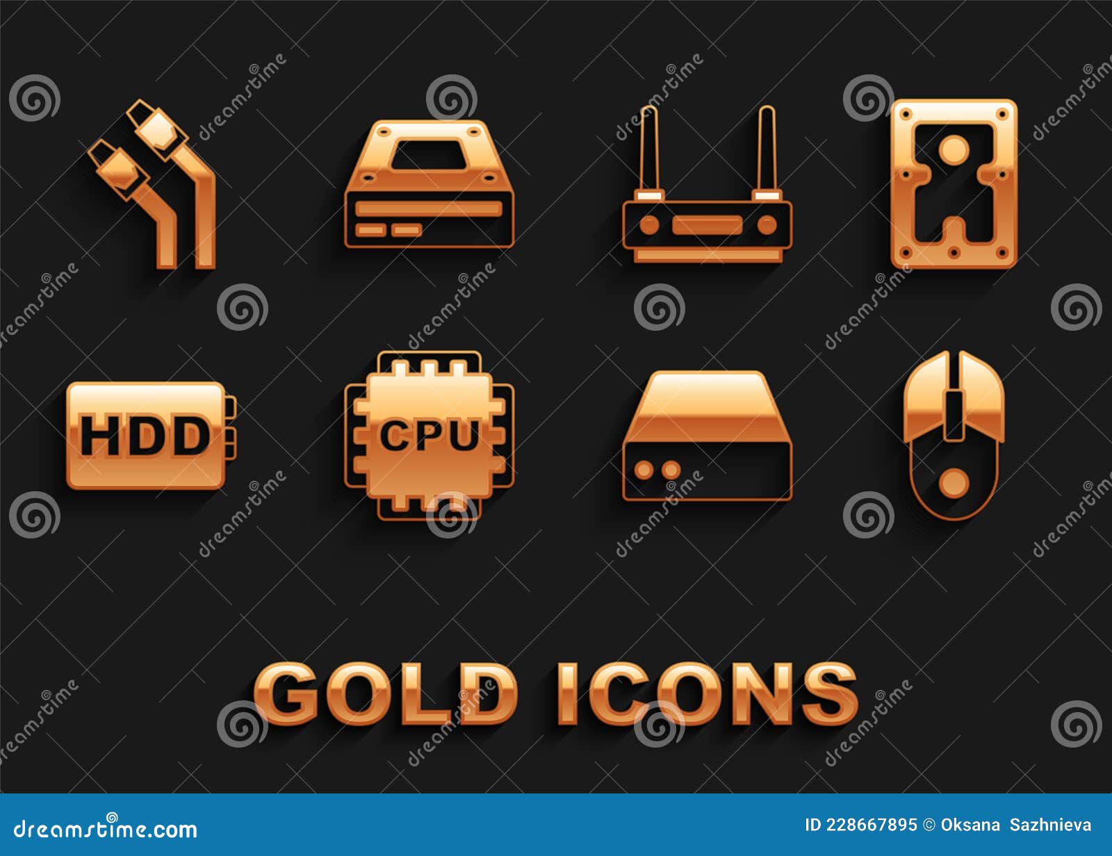 Set Processor with CPU, Hard Disk Drive HDD, Computer Mouse, Server, Data, Web Hosting, Router ...
