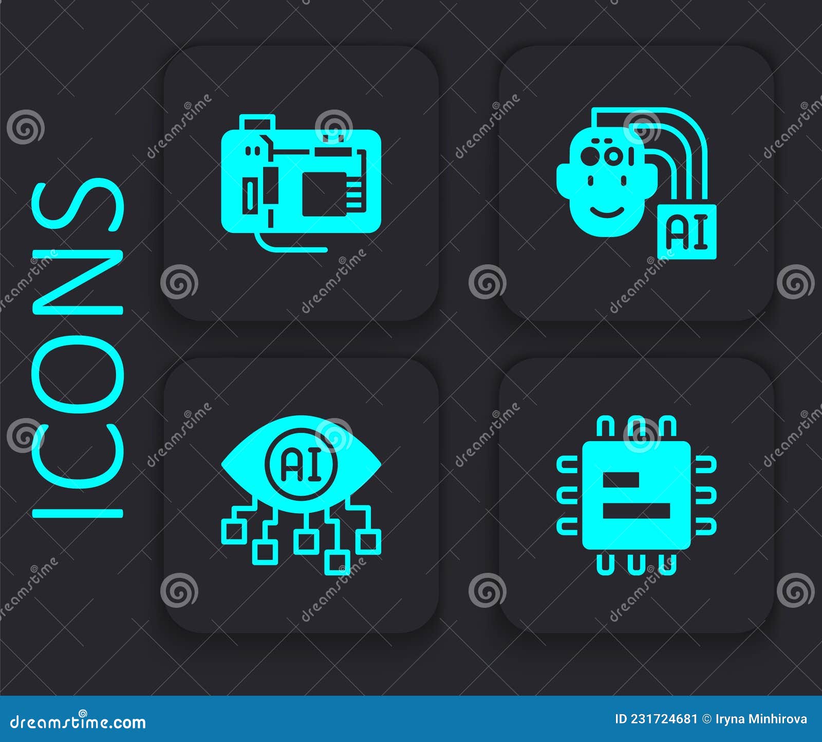Set Processor CPU, Motherboard, Humanoid Robot and Computer Vision Icon ...