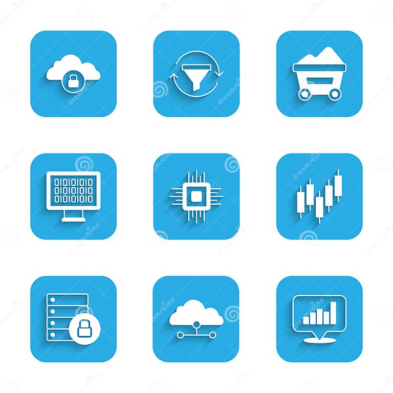 Set Processor CPU, Network Cloud Connection, Pie Chart Infographic, Browser with Stocks Market ...