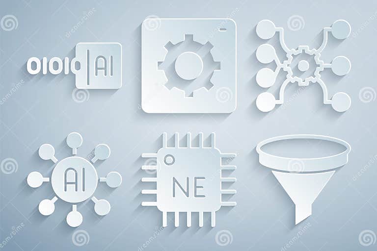 Set Processor Cpu Neural Network Funnel Filter Computer Api Interface And Binary Code Icon