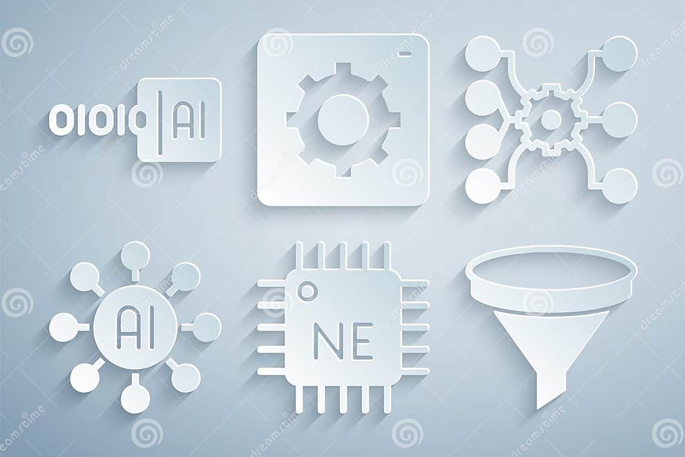 Set Processor Cpu Neural Network Funnel Filter Computer Api Interface And Binary Code Icon 