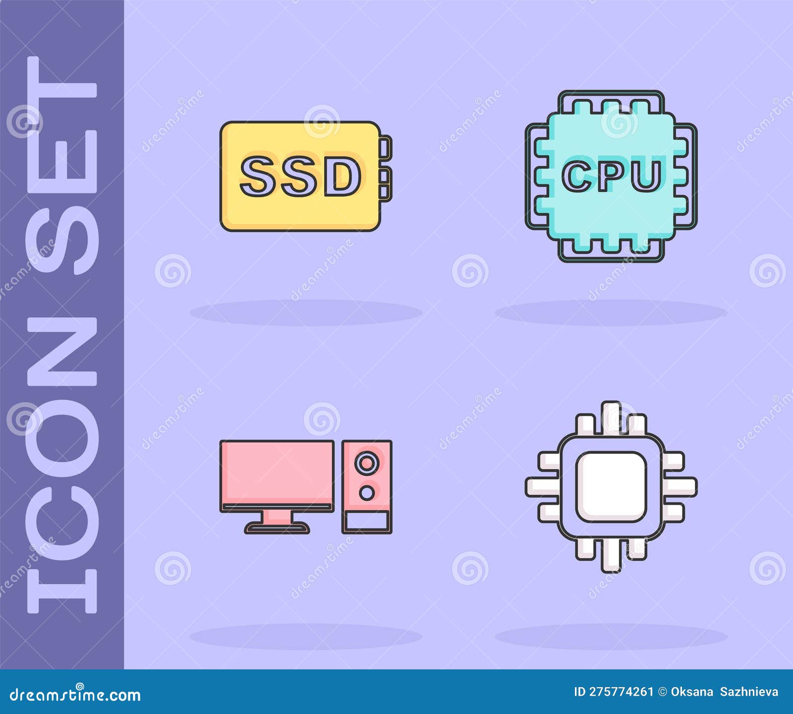 Set Processor With Cpu Ssd Card Computer Monitor And Icon Vector Stock Vector Illustration