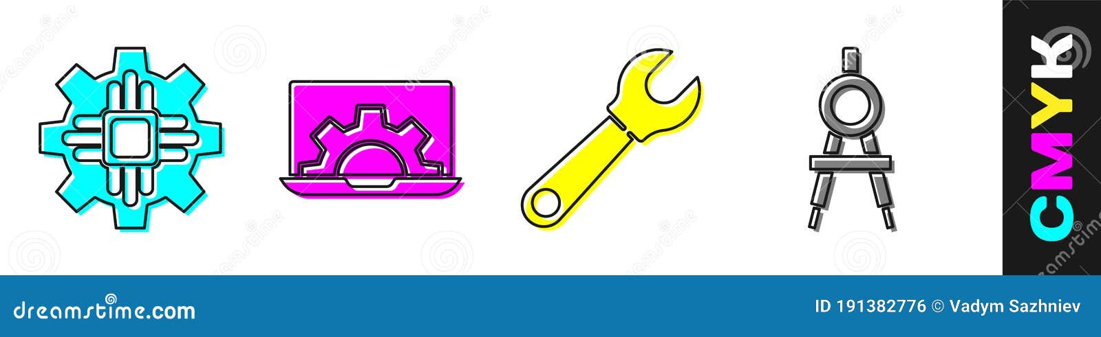 Set Processor, Laptop and Gear, Wrench Spanner and Drawing Compass Icon. Vector Stock Vector ...
