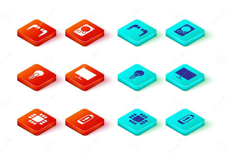 Set Processor with Microcircuits CPU, Battery Charge Level Indicator, Light Bulb Concept of Idea ...